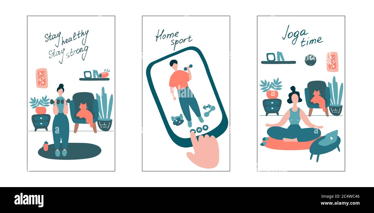 Home Sport. Set of vertical web banner. Training at home, online ...