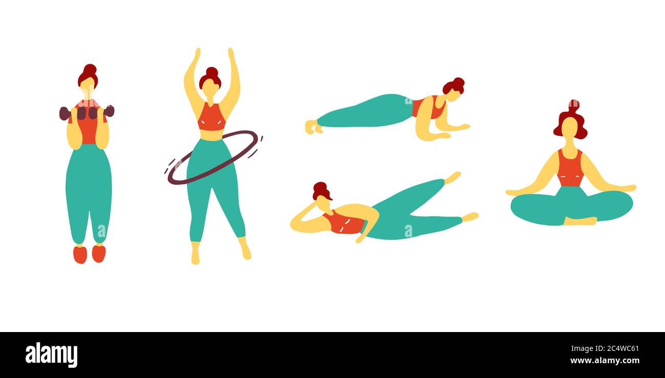 Different sport poses. Girl training. Workout concept. Flat vector ...