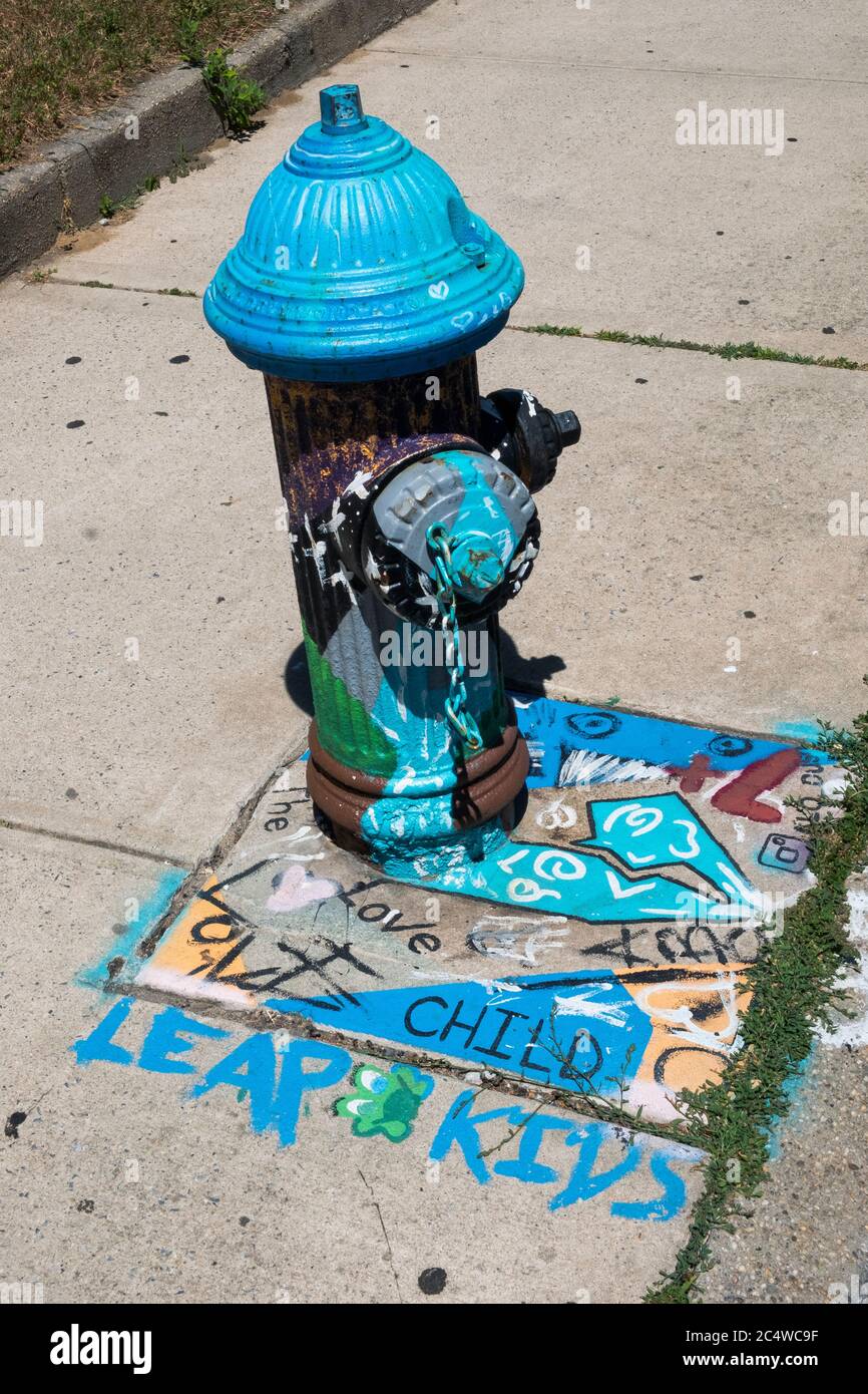 A beautifully decorated fire hydrant & sidewalk below it in Flushing ...