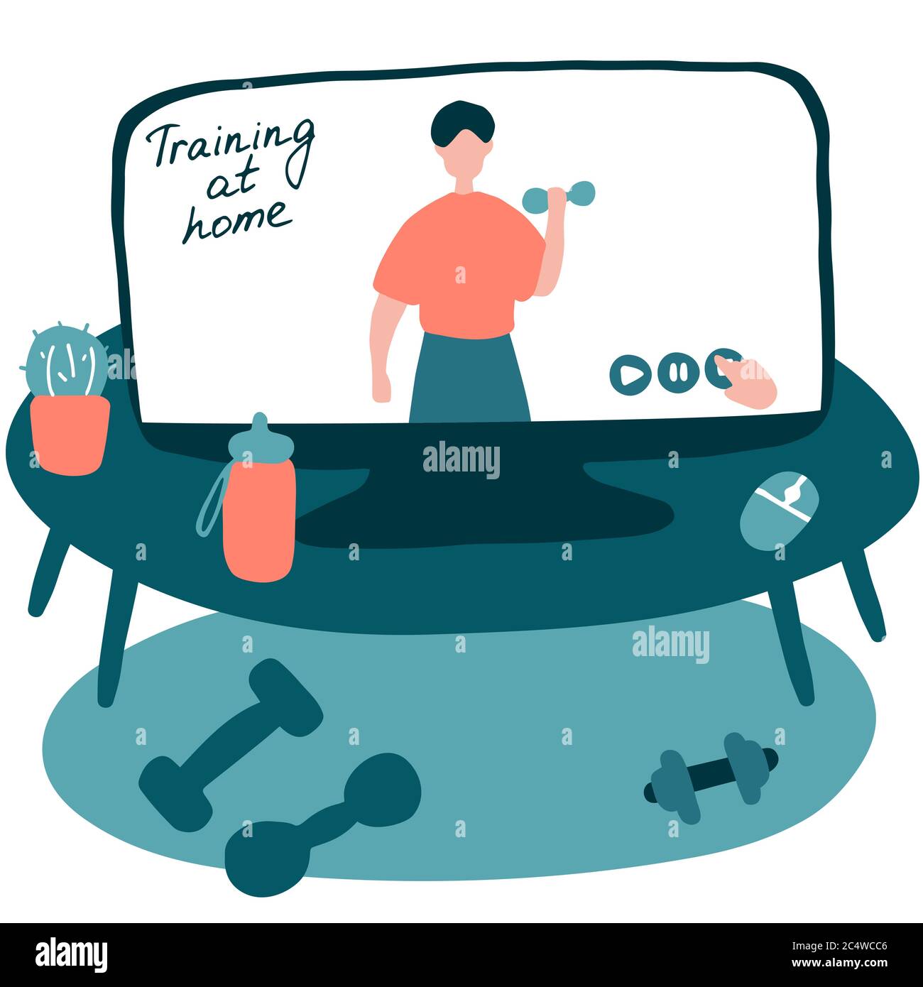 Sport Coach Website. Workplace with dumbbells and computer with open ...