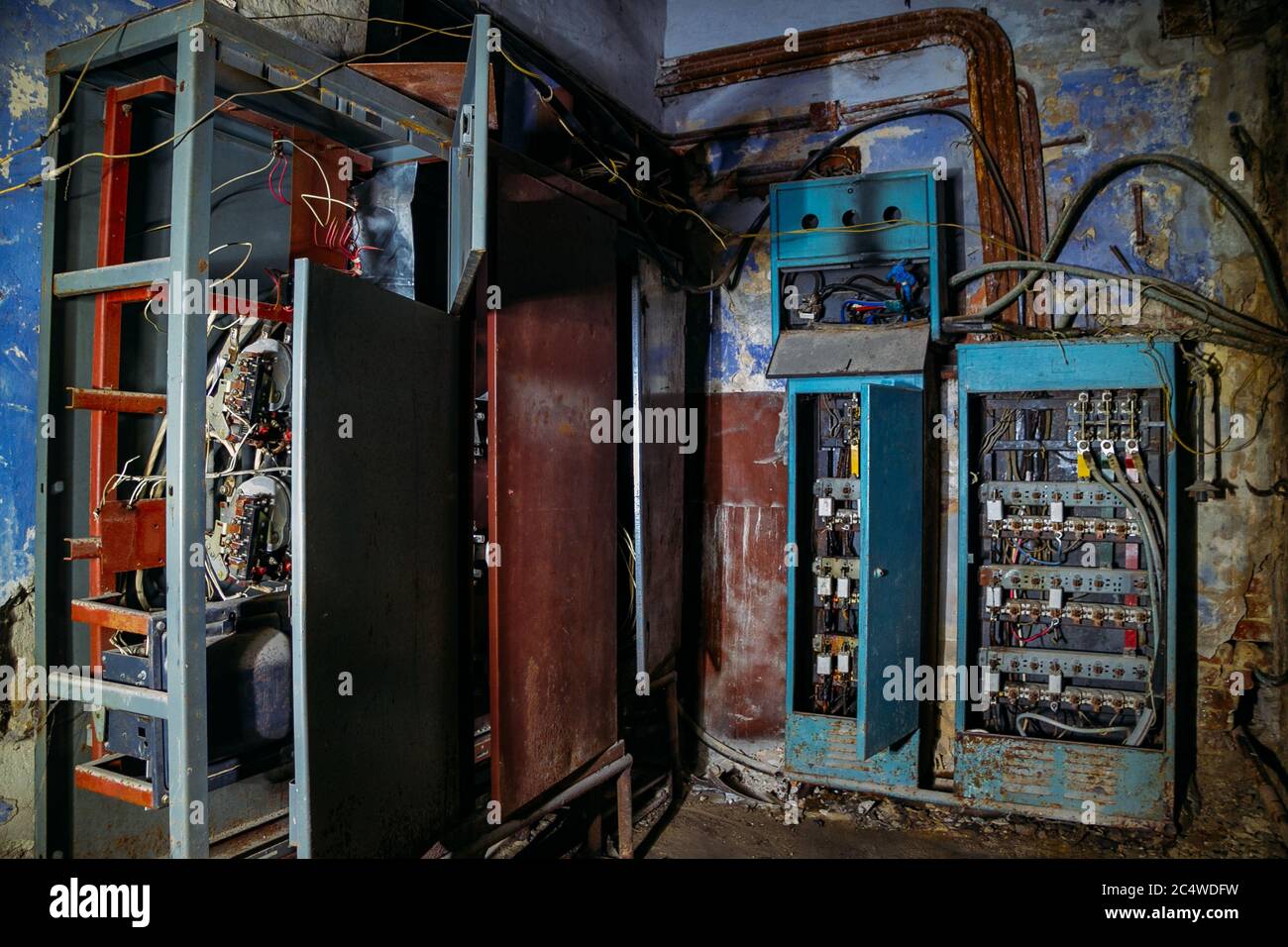 Broken electrical switchgear cabinets with control panels in abandoned ...