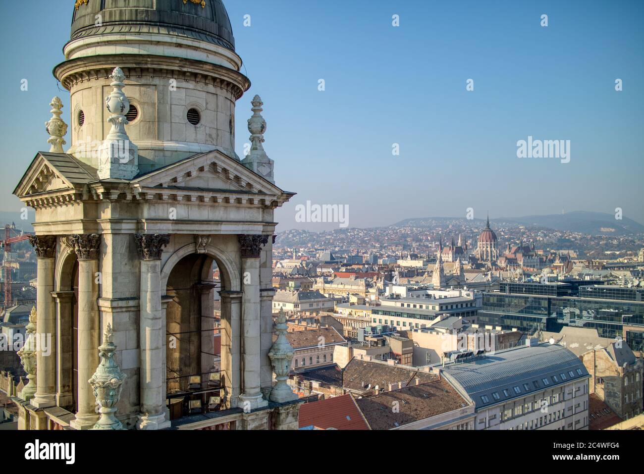 Aerial view of bell tower of St. Stephen's Basilica in Budapest ...
