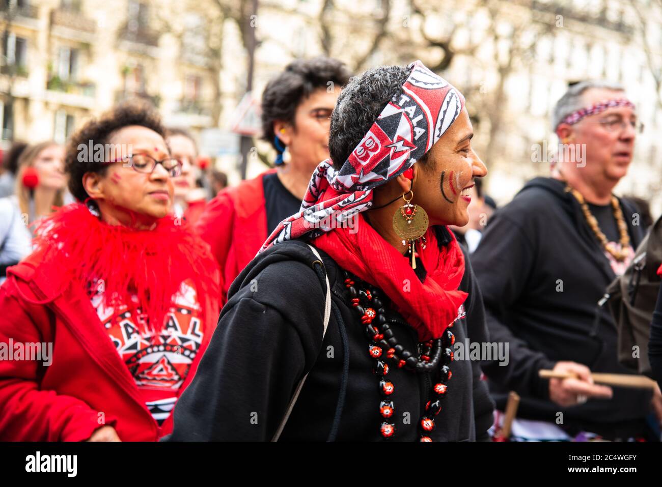 PARIS, FRANCE - FEBRUARY 23, 2020: Batala band playing drums (samba ...