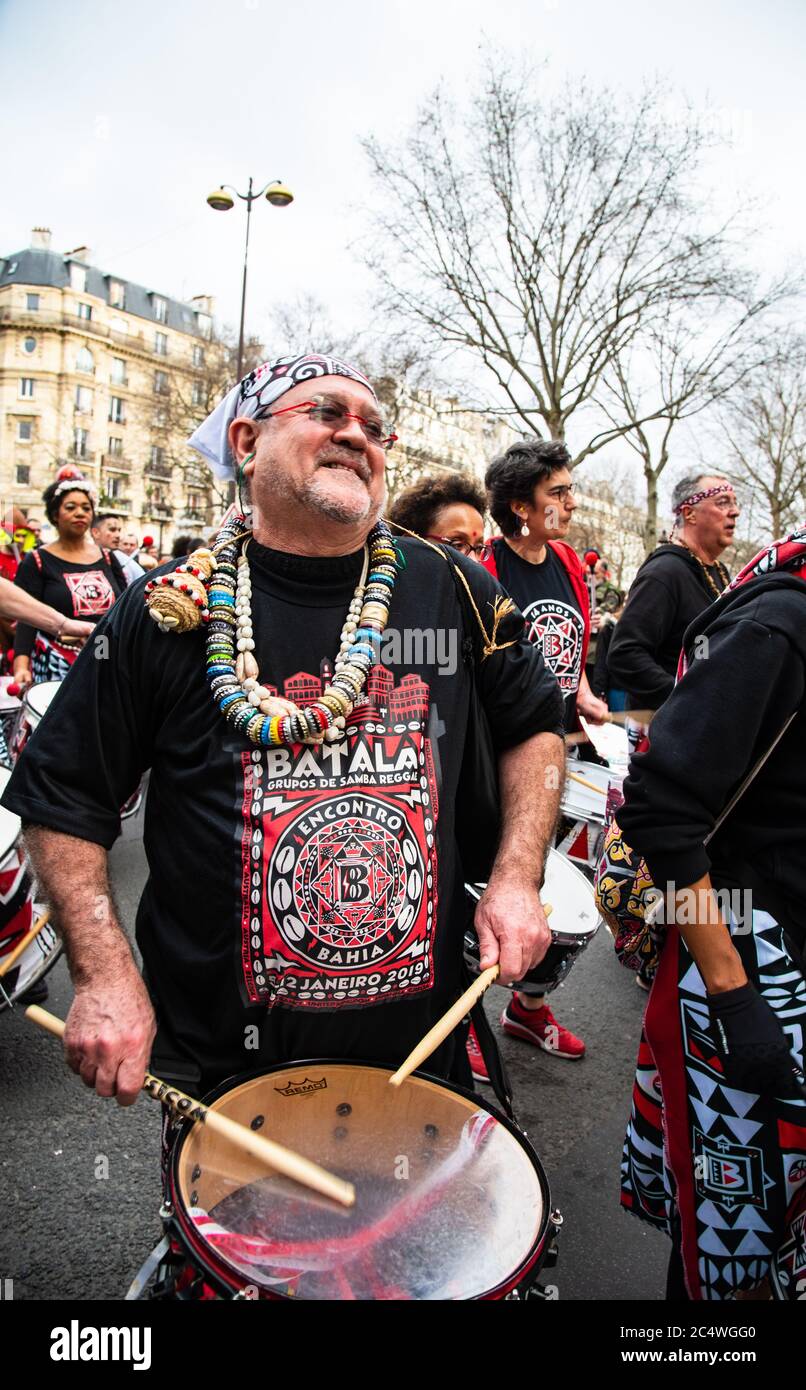 PARIS, FRANCE - FEBRUARY 23, 2020: Batala band playing drums (samba ...