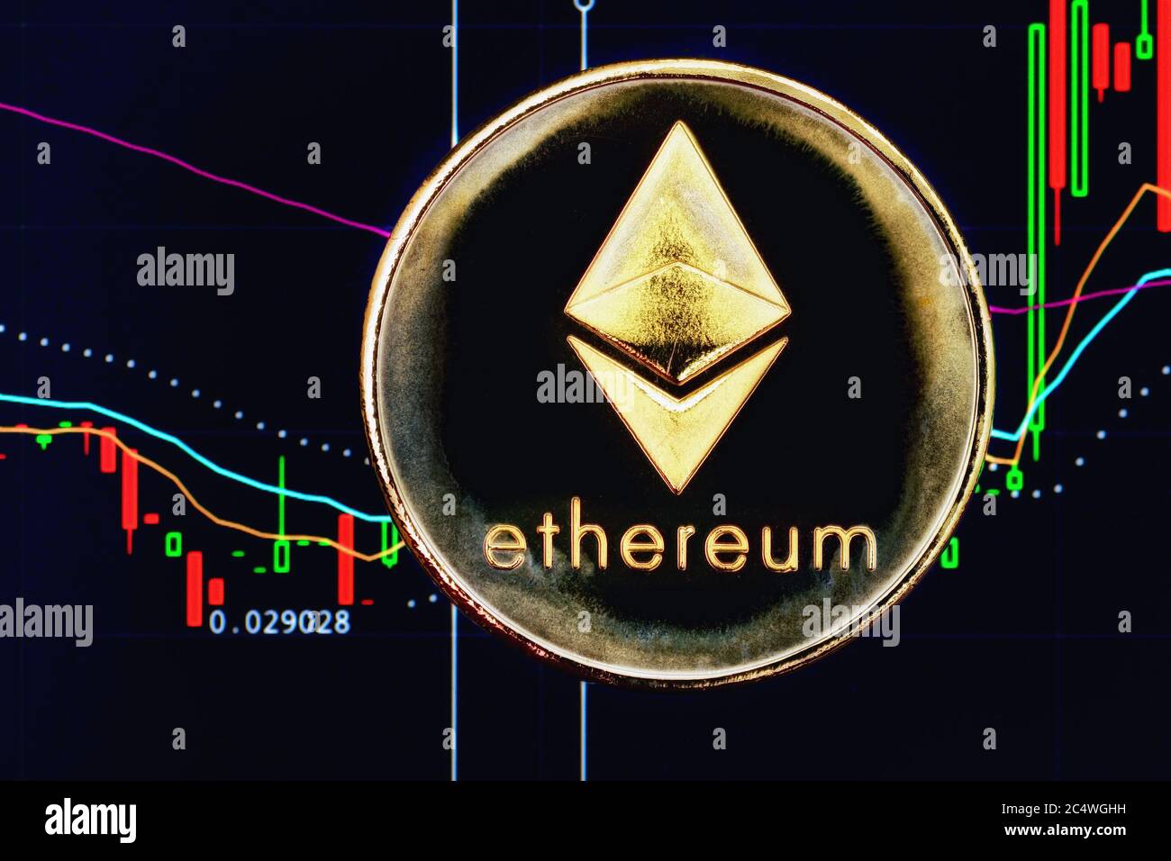 Ethereum. Crypto currency. Ethereum golden coin on a chart. Blockchain ...