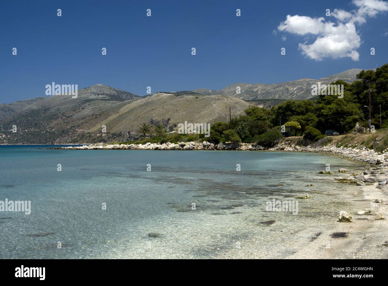 Beach with mountains in distance, Fanari, Argostoli, Kefalonia, Ionian ...