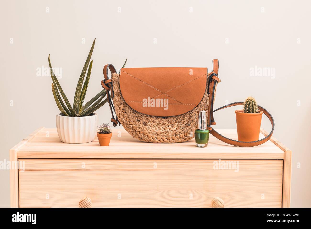Nail polish and handbag on a wooden shelf with plants. Feminine ...