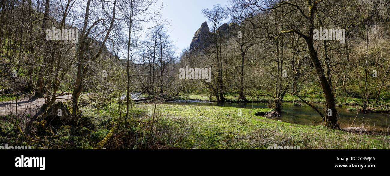 Panoramic view of Dovedale in spring looking towards the Jacob's Ladder ...