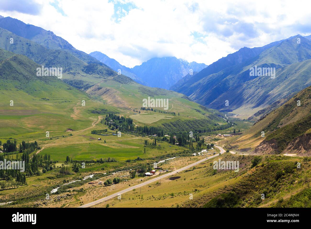 View of the gorge in the mountains. The village and the road ...