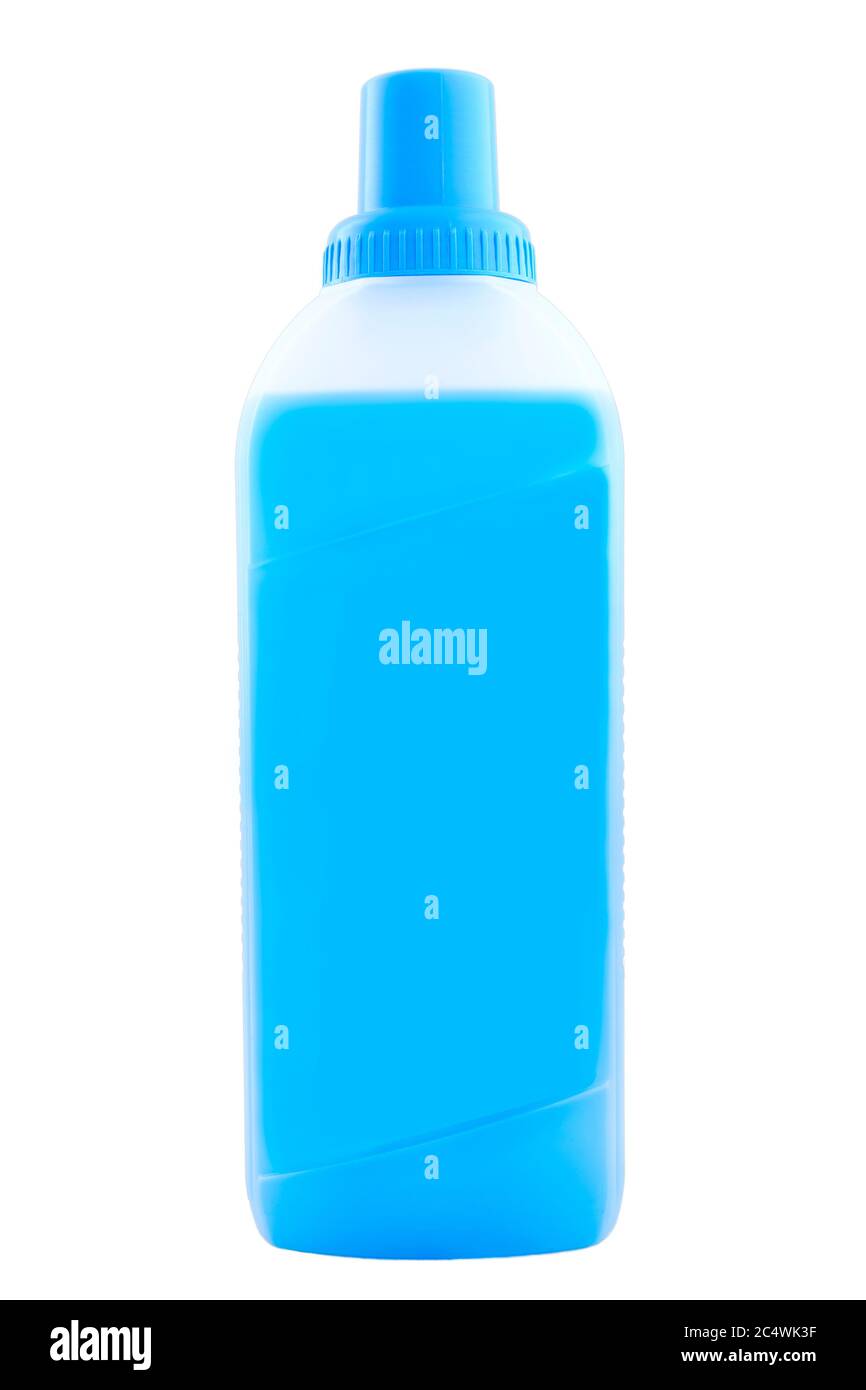 a translucent white plastic bottle filled with blue liquid for ...