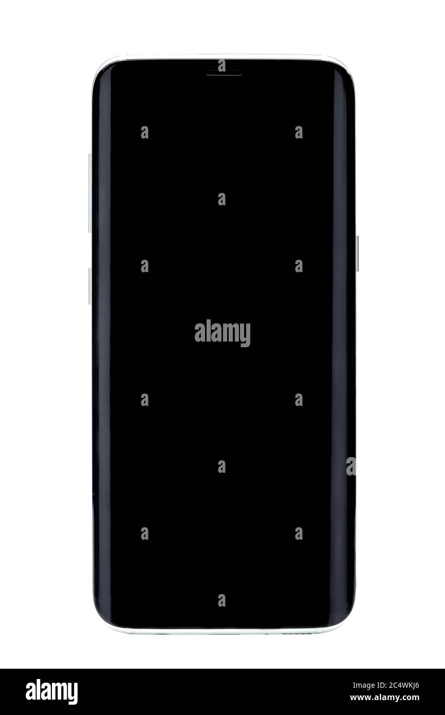 Black smartphone with rounded edges front view, glass mobile phone ...