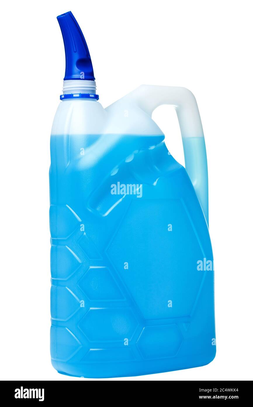 A plastic can with a handle and a spout for the convenience of filling ...