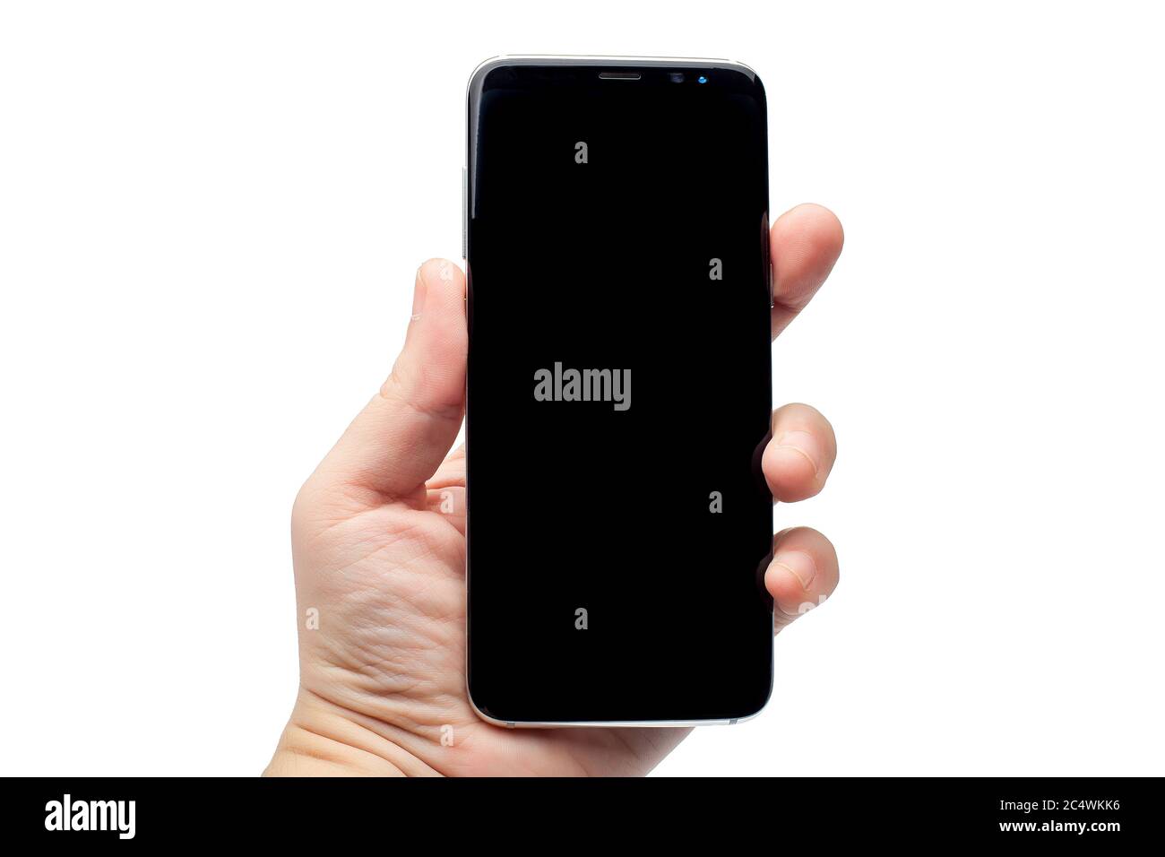Smartphone in man's hand holds a glass mobile phone with curved edges ...
