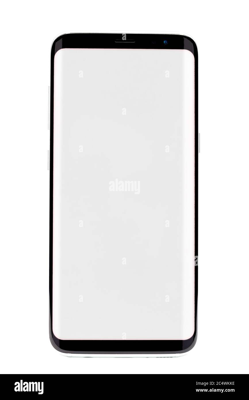 Black smartphone with blank white screen and rounded edges front view ...