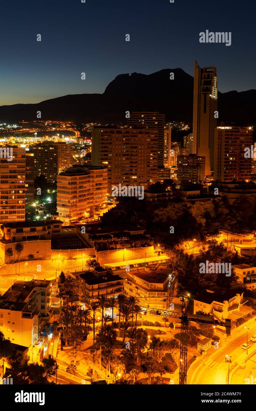 Benidorm city landscape at night from above, Alicante province, Spain ...