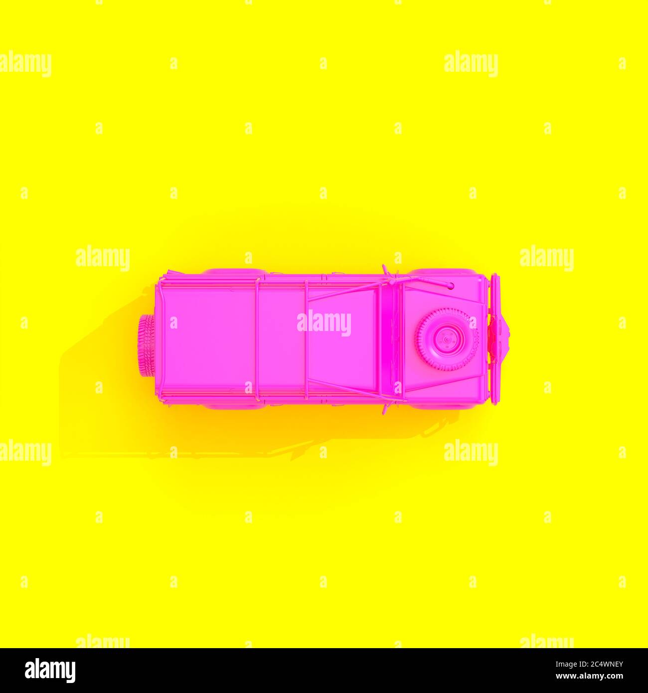 fuchsia 4x4 offroad car on a yellow background. view from above. 3d ...