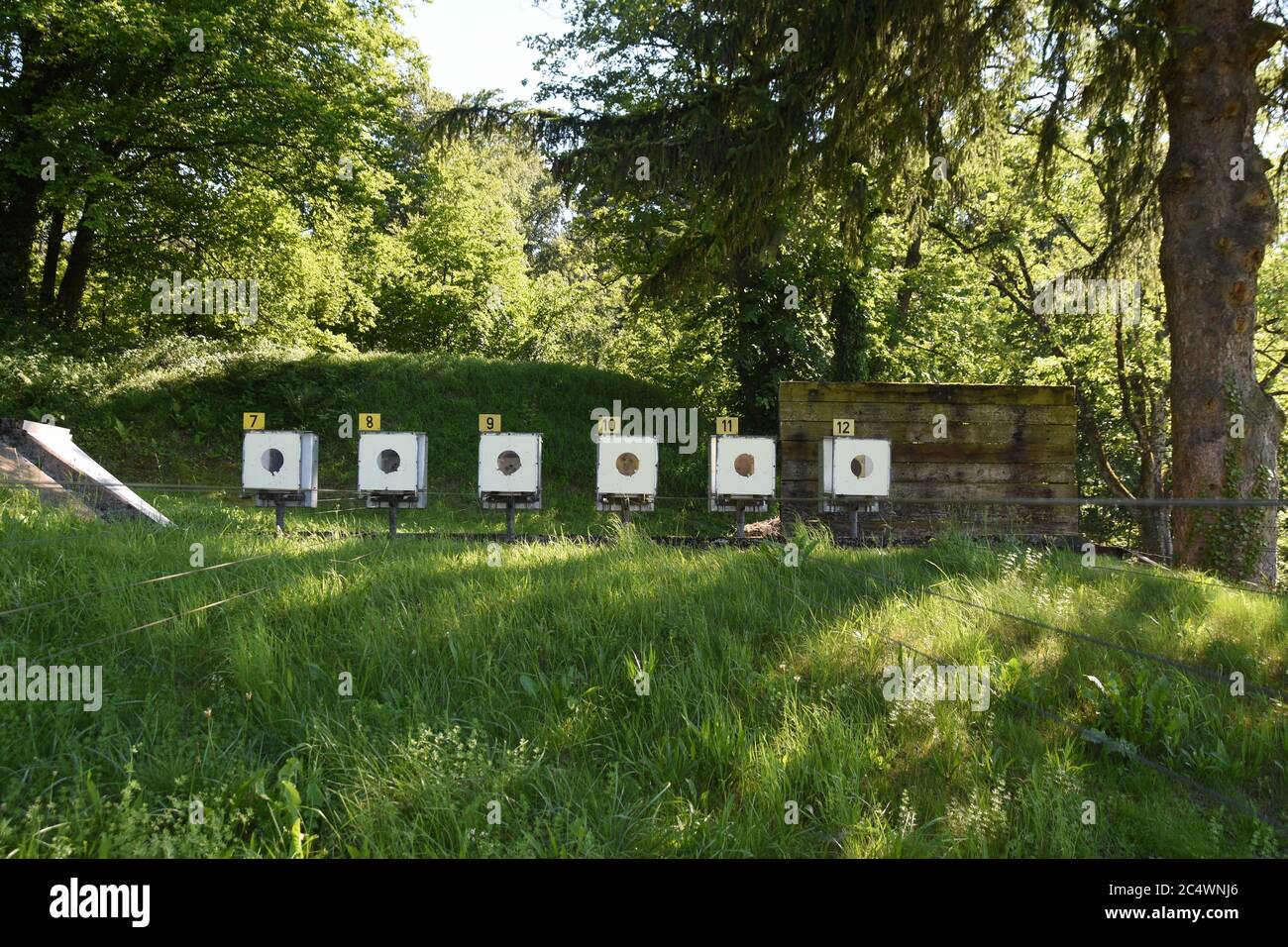 A row of targets for fire arms in an outdoor target range in front view ...