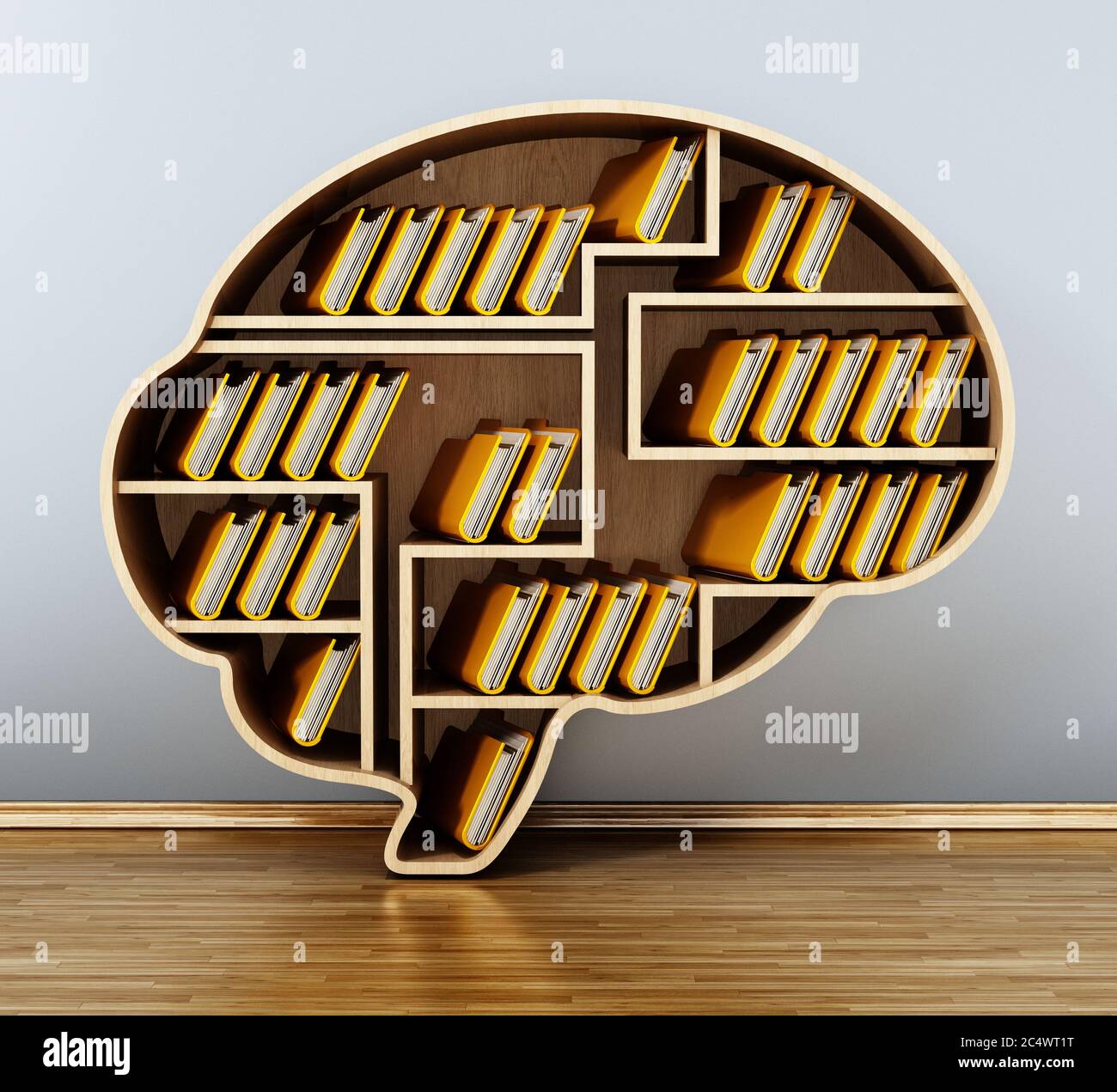 Brain shaped library full of folders. 3D illustration Stock Photo - Alamy