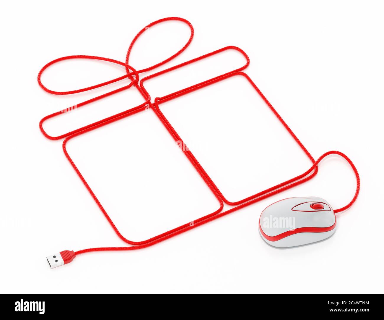 Mouse connected to cord forming giftbox shape. 3D illustration Stock ...