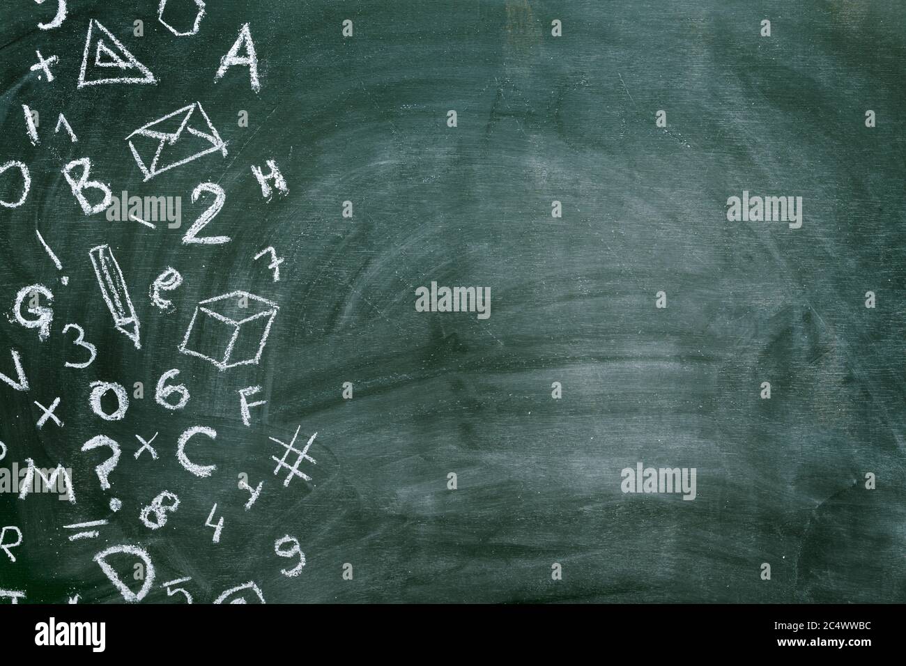 Green school chalkboard with various symbols and copy space Stock Photo ...