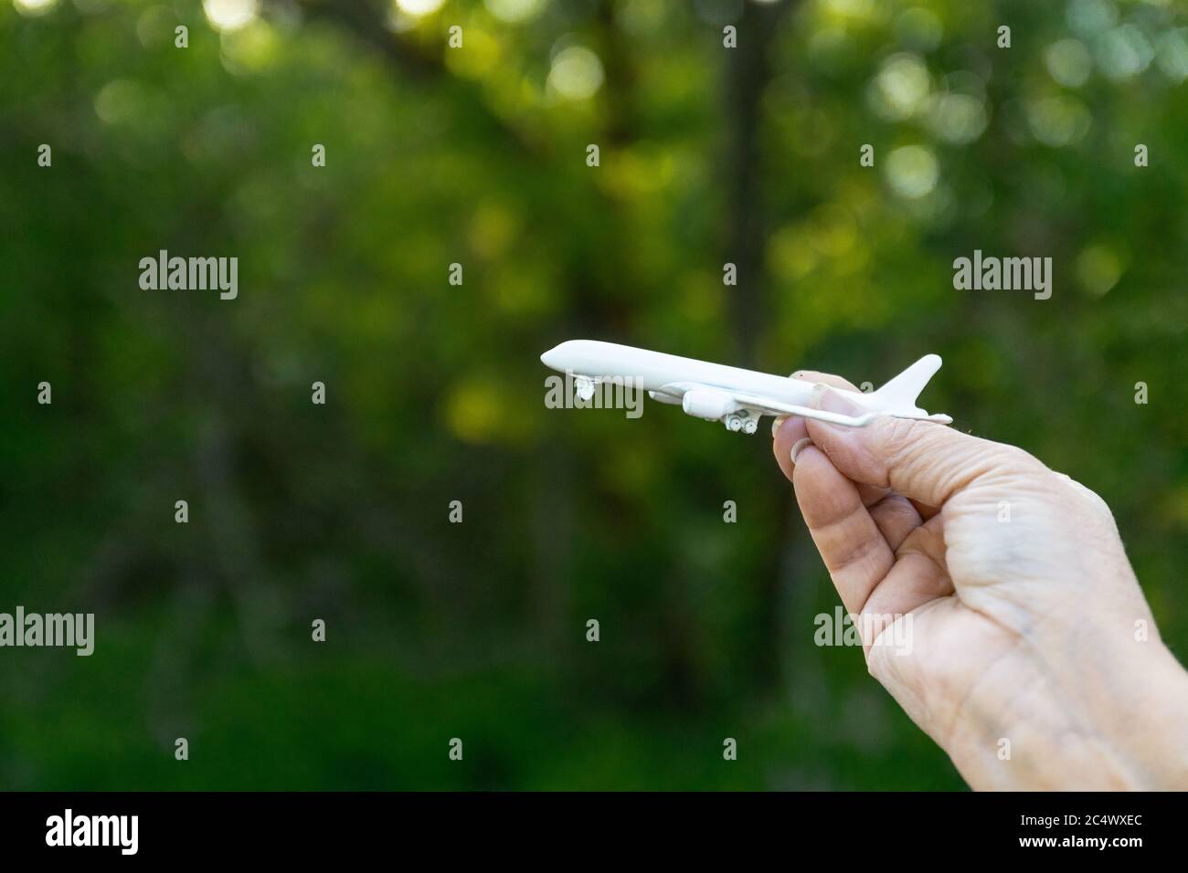 Human hand holding white airplane model front green tree background ...