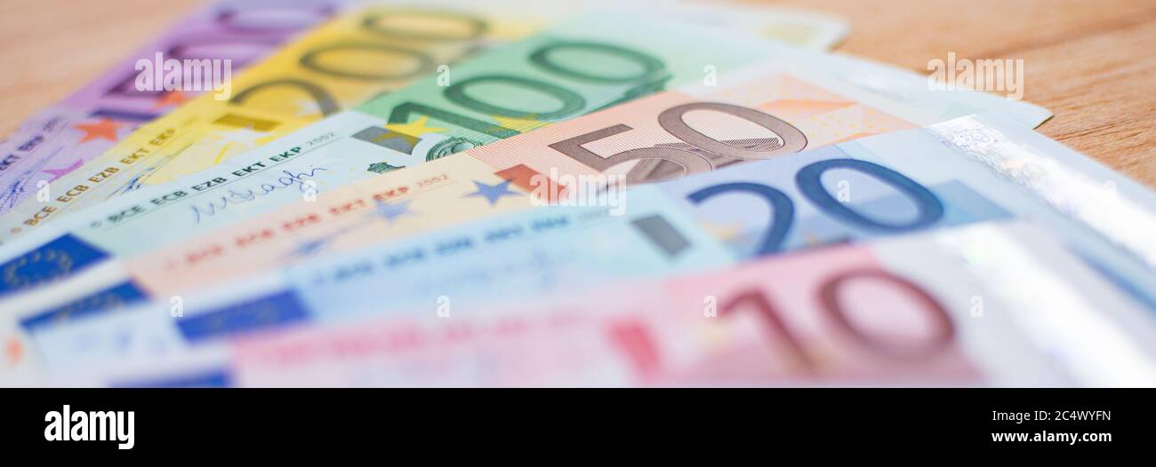background with euro banknotes with different values and notepad Stock ...