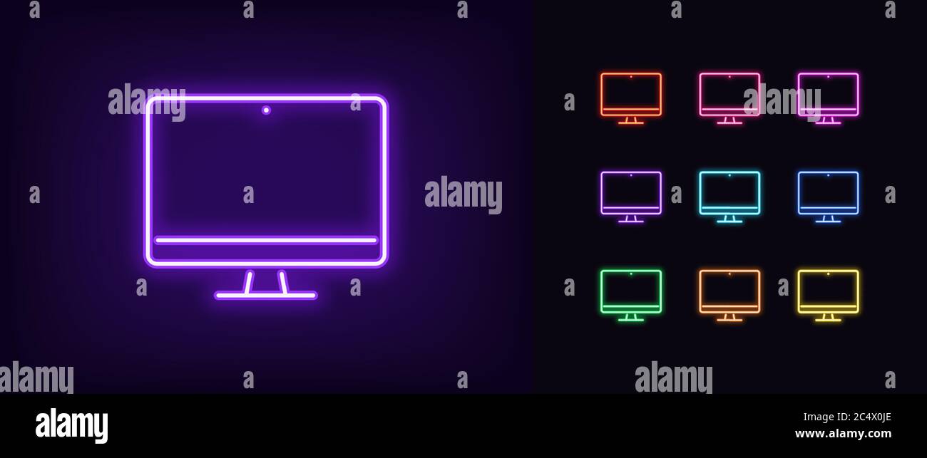 Neon monitor icon. Glowing neon computer sign, set of isolated display ...