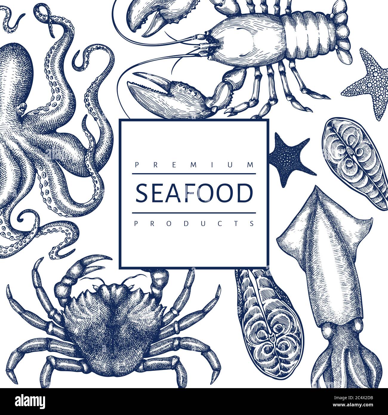 Seafood design template. Hand drawn vector seafood illustration ...