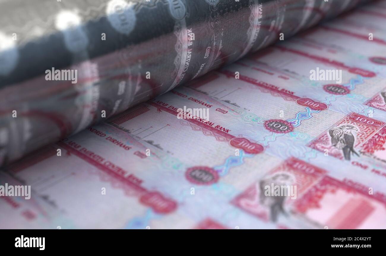 A concept image showing a sheet of new Dubai Dirham notes going through ...