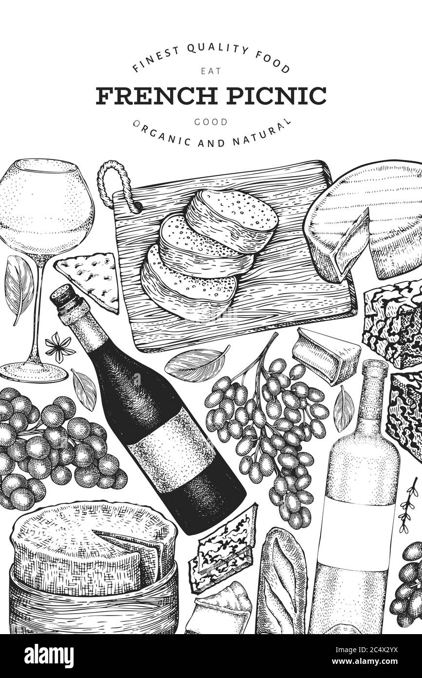 French food illustration design template. Hand drawn vector picnic meal ...