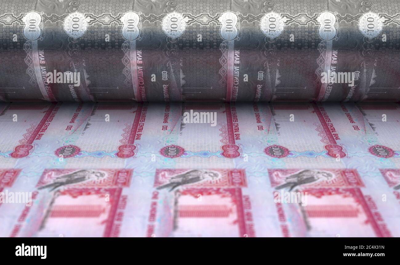 A concept image showing a sheet of new Dubai Dirham notes going through ...