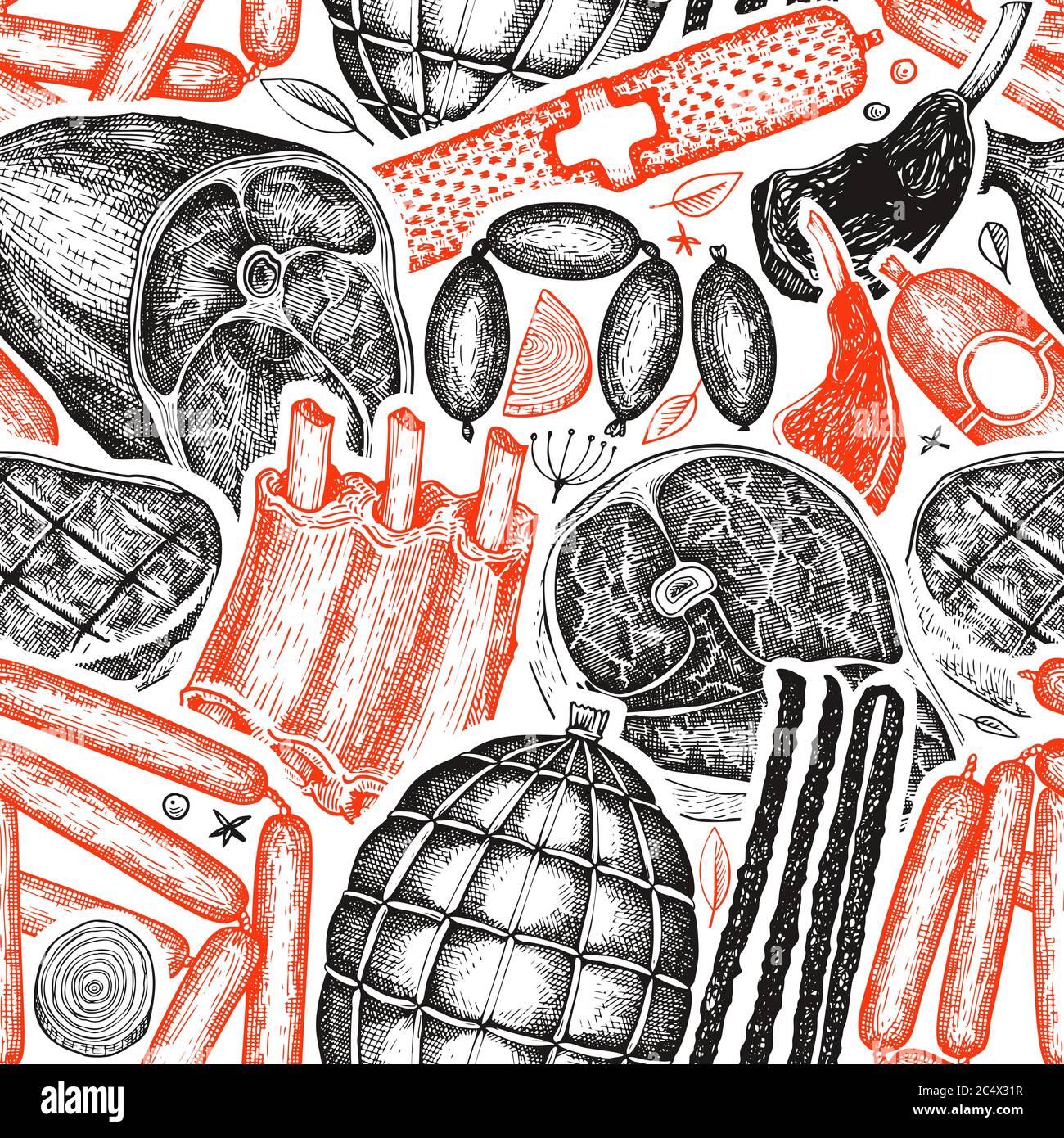 Vintage Vector Meat Products Seamless Pattern Hand Drawn Ham Sausages