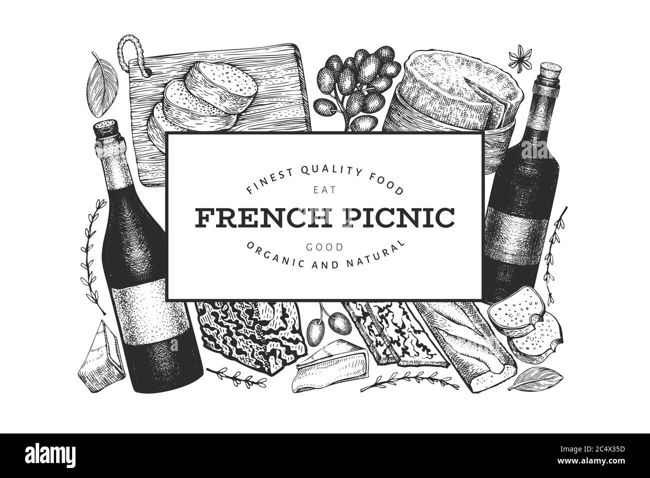 French food illustration design template. Hand drawn vector picnic meal ...