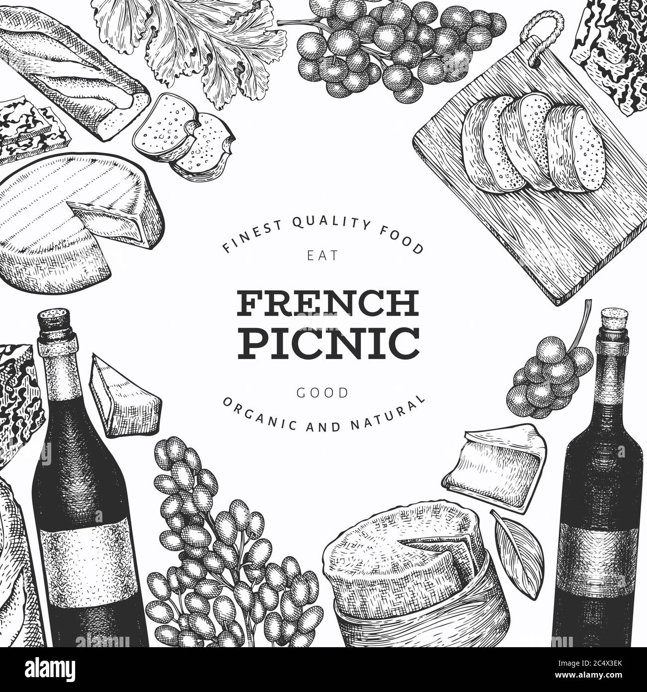 French food illustration design template. Hand drawn vector picnic meal ...
