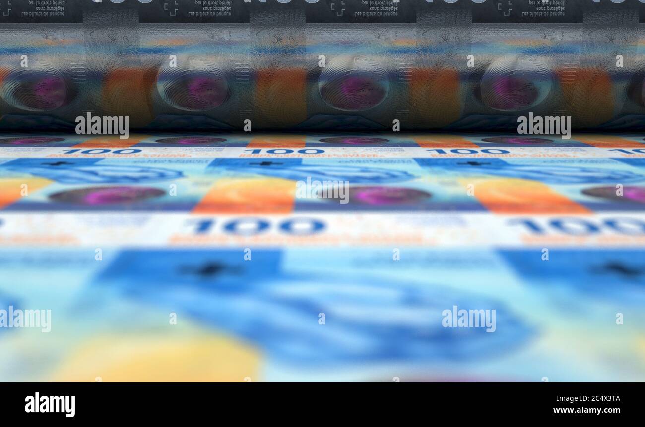 A concept image showing a sheet of new Swiss Franc notes going through ...
