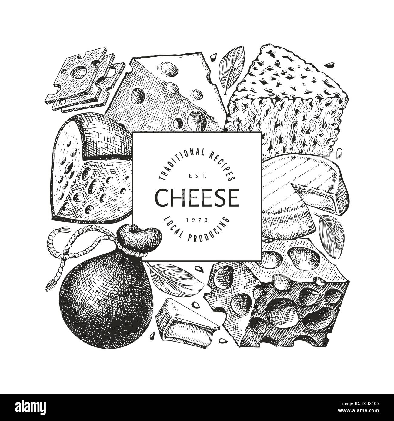 Cheese design template. Hand drawn vector dairy illustration. Engraved ...