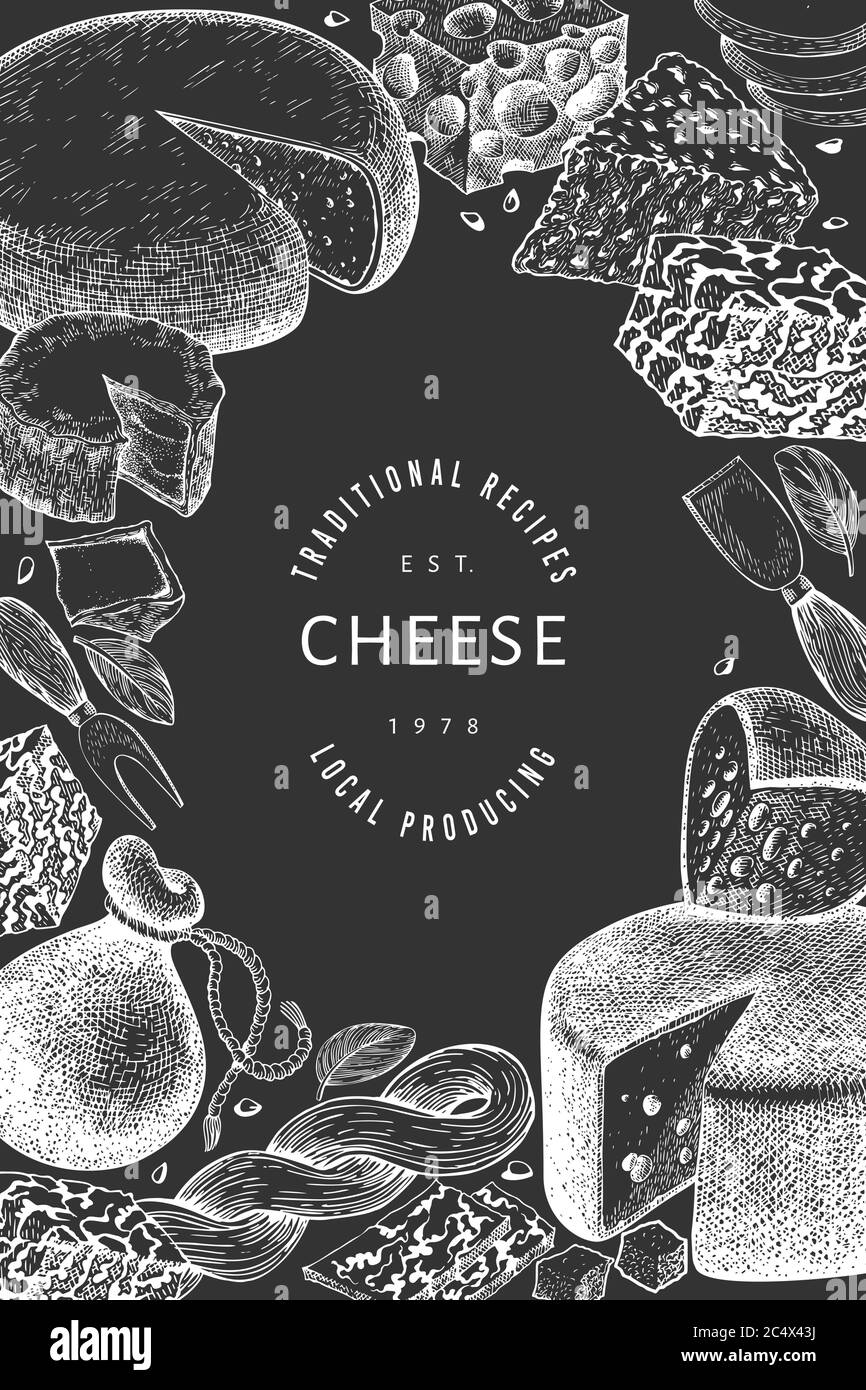 Cheese design template. Hand drawn vector dairy illustration on chalk ...