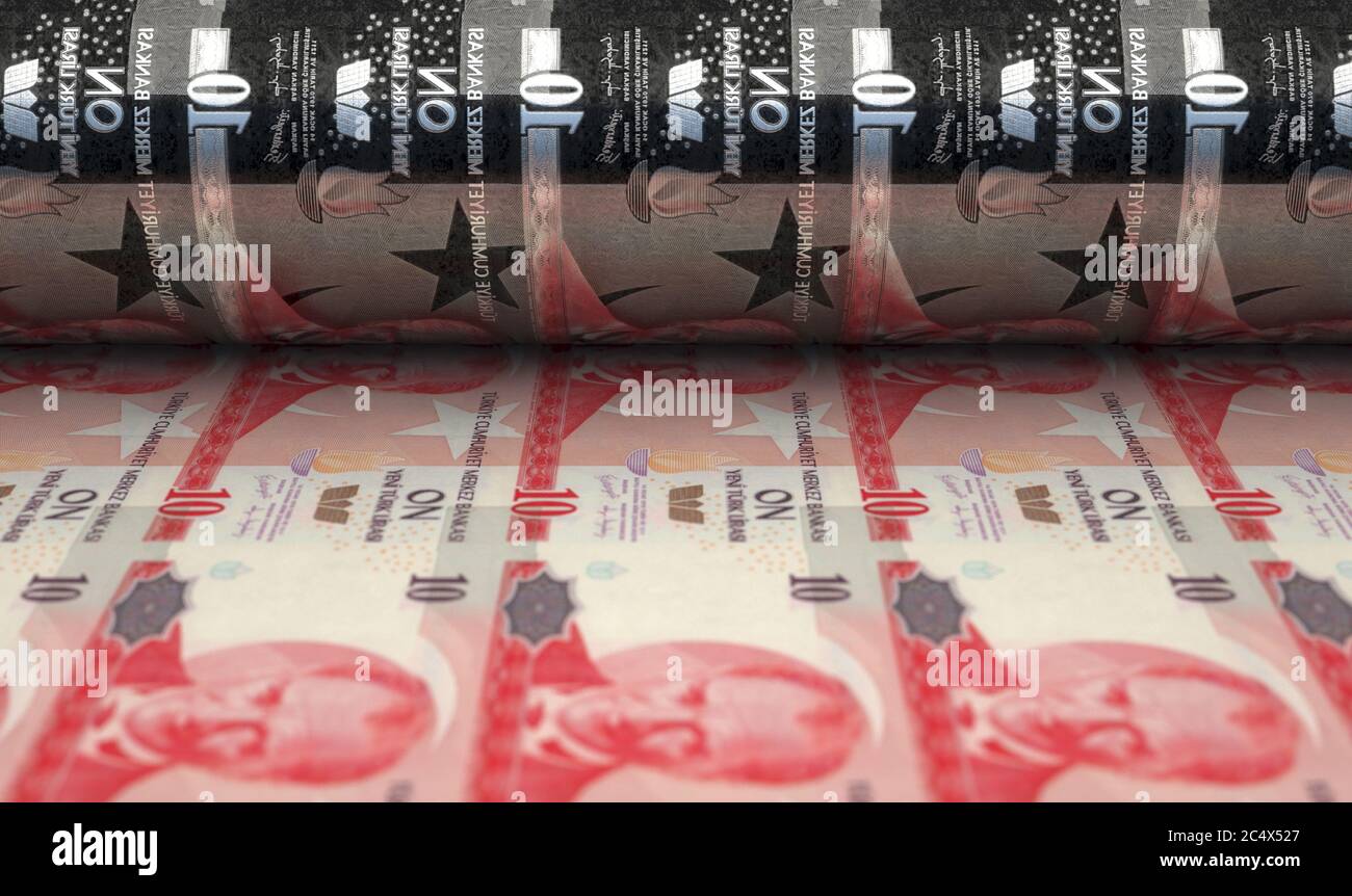 A concept image showing a sheet of new Turkish Lira notes going through ...