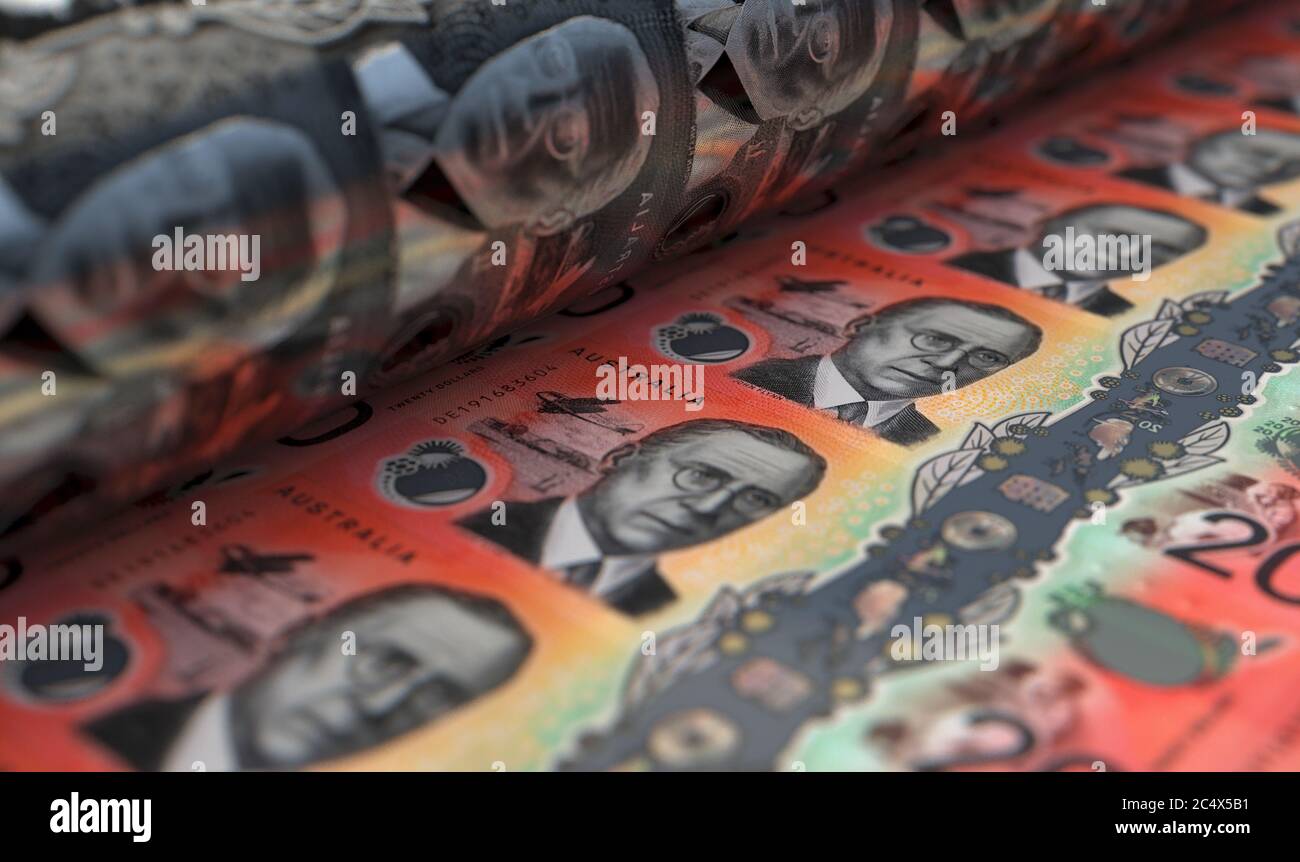 A concept image showing a sheet of new Australian dollar notes going ...