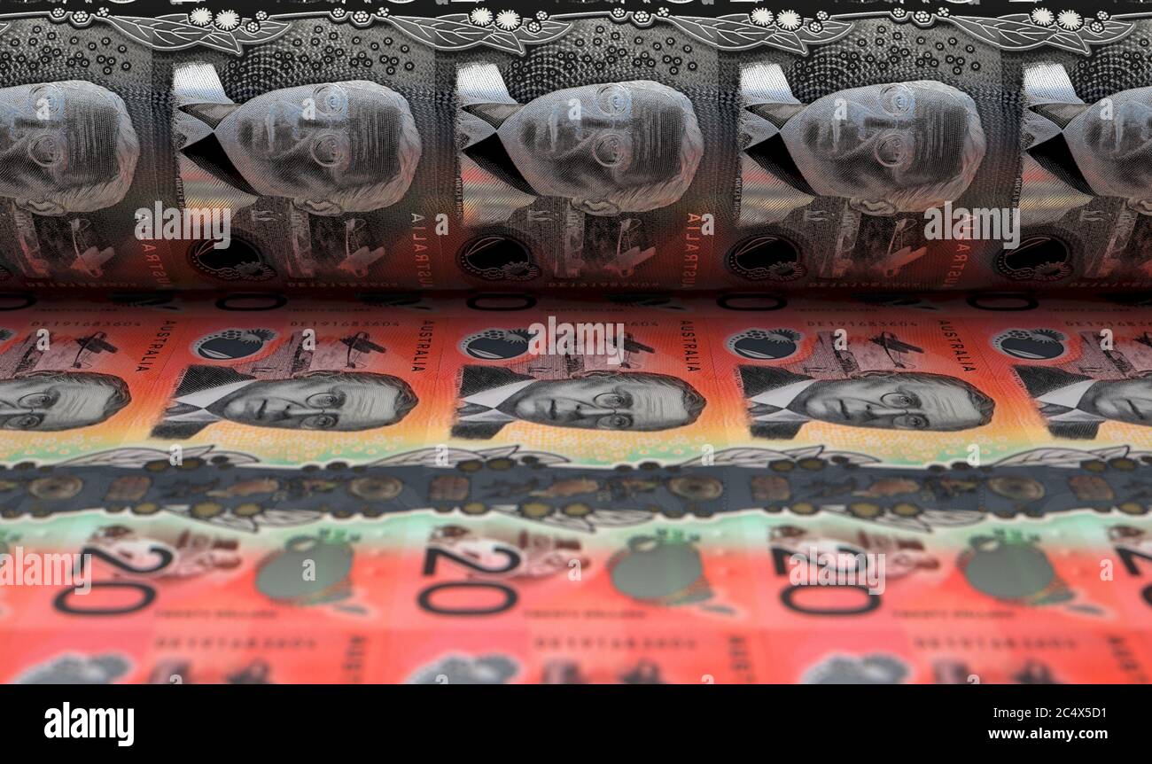 A concept image showing a sheet of new Australian dollar notes going ...
