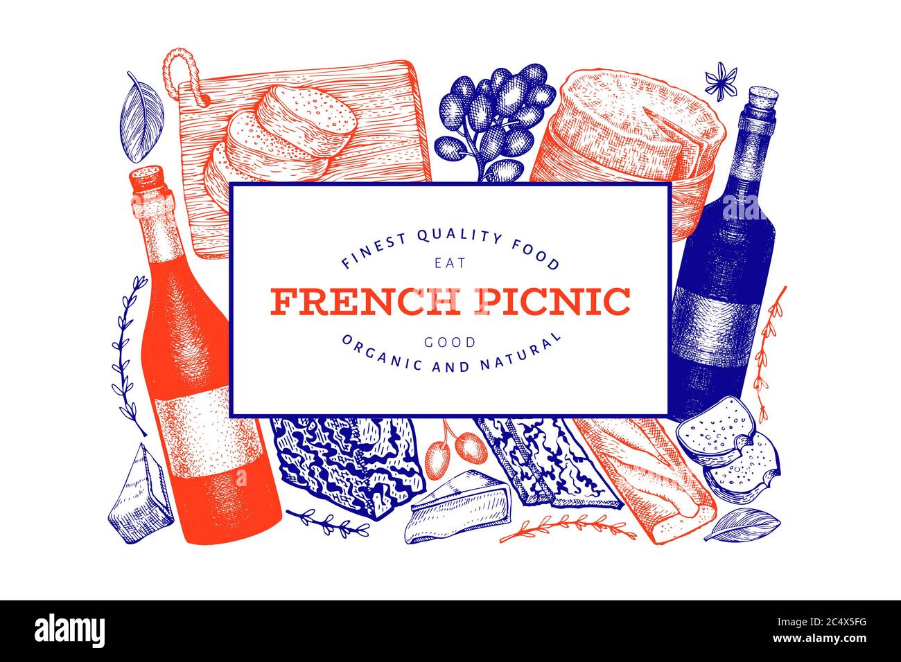French food illustration design template. Hand drawn vector picnic meal ...