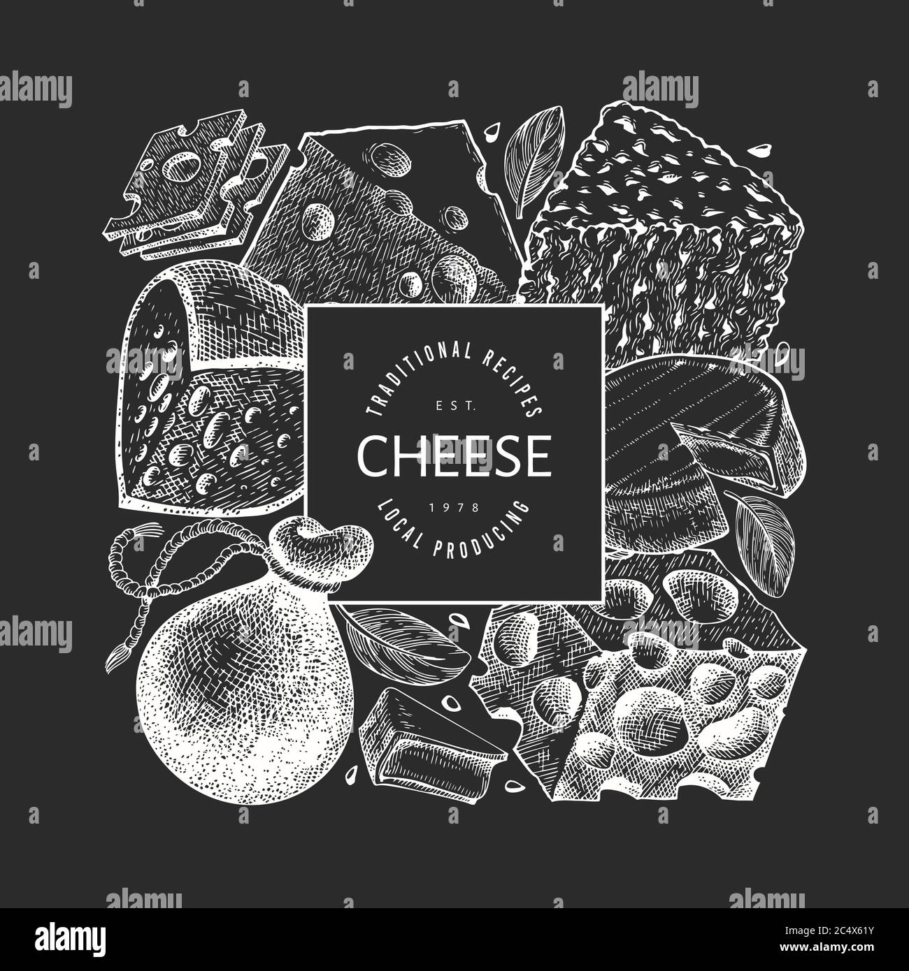 Cheese design template. Hand drawn vector dairy illustration on chalk ...