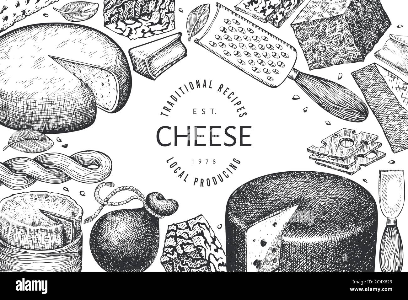 Cheese design template. Hand drawn vector dairy illustration. Engraved ...