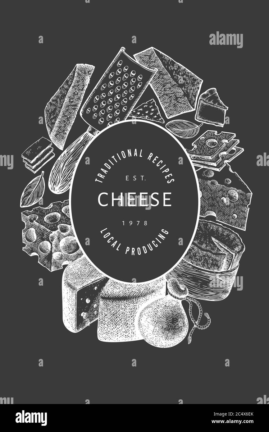 Cheese design template. Hand drawn vector dairy illustration on chalk ...