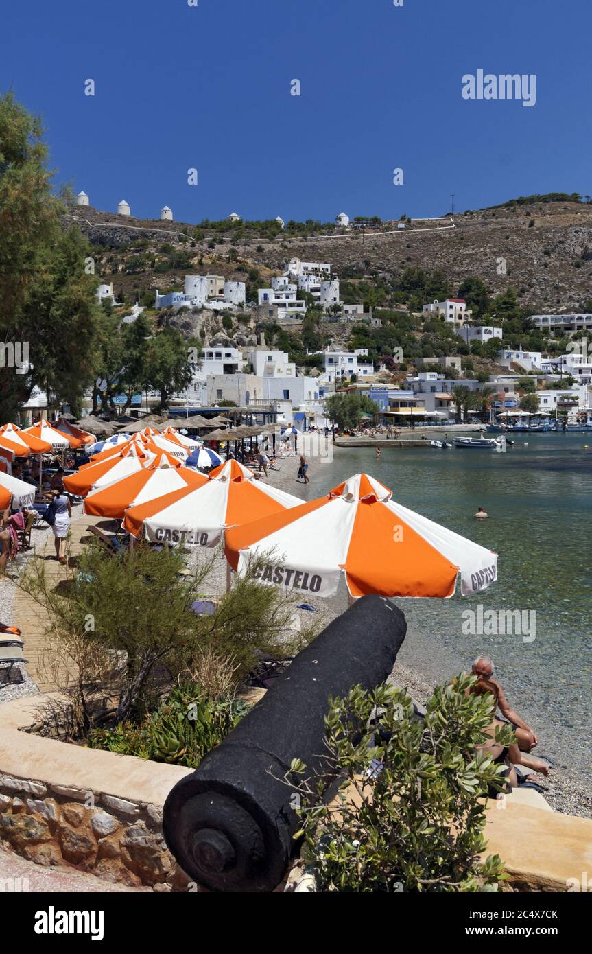 Panteli Beach, castle and windmills, Leros Island, Dodecanese Islands ...