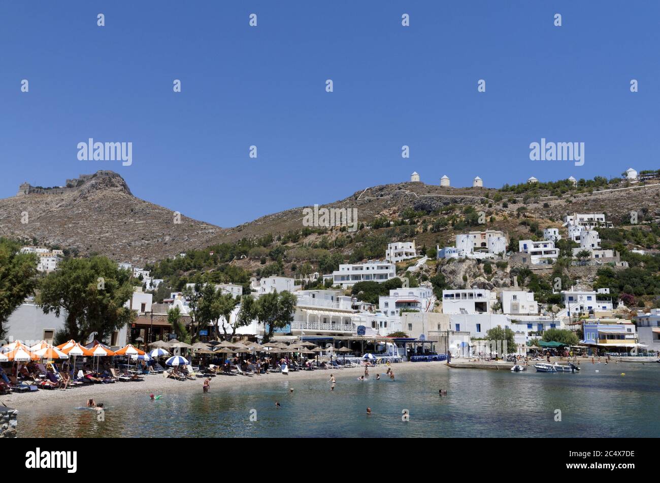 Panteli Beach, castle and windmills, Leros Island, Dodecanese Islands ...