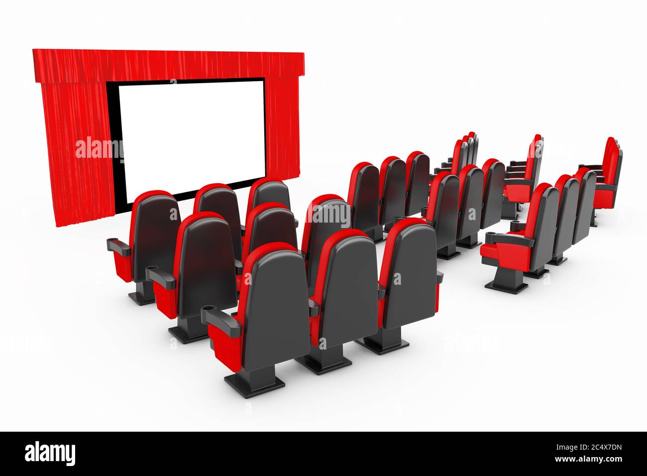 Red Cinema Movie Comfortable Chairs in front of Cinema Screen with Open ...