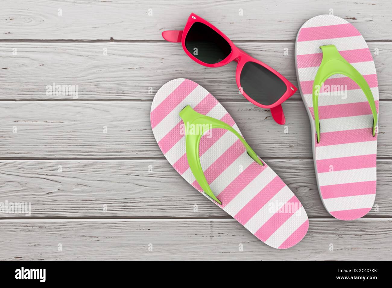Modern Flip Flops Sandals with Pink Sunglasses on a wooden floor. 3d ...