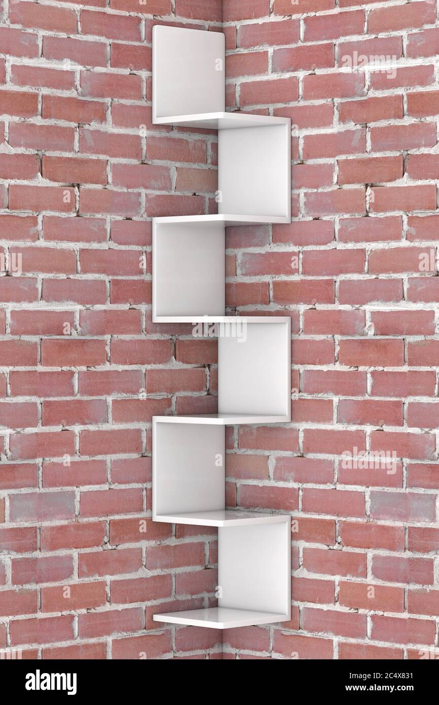 Modern Empty white Book Shelf in Clay Style in front of brick wall. 3d ...