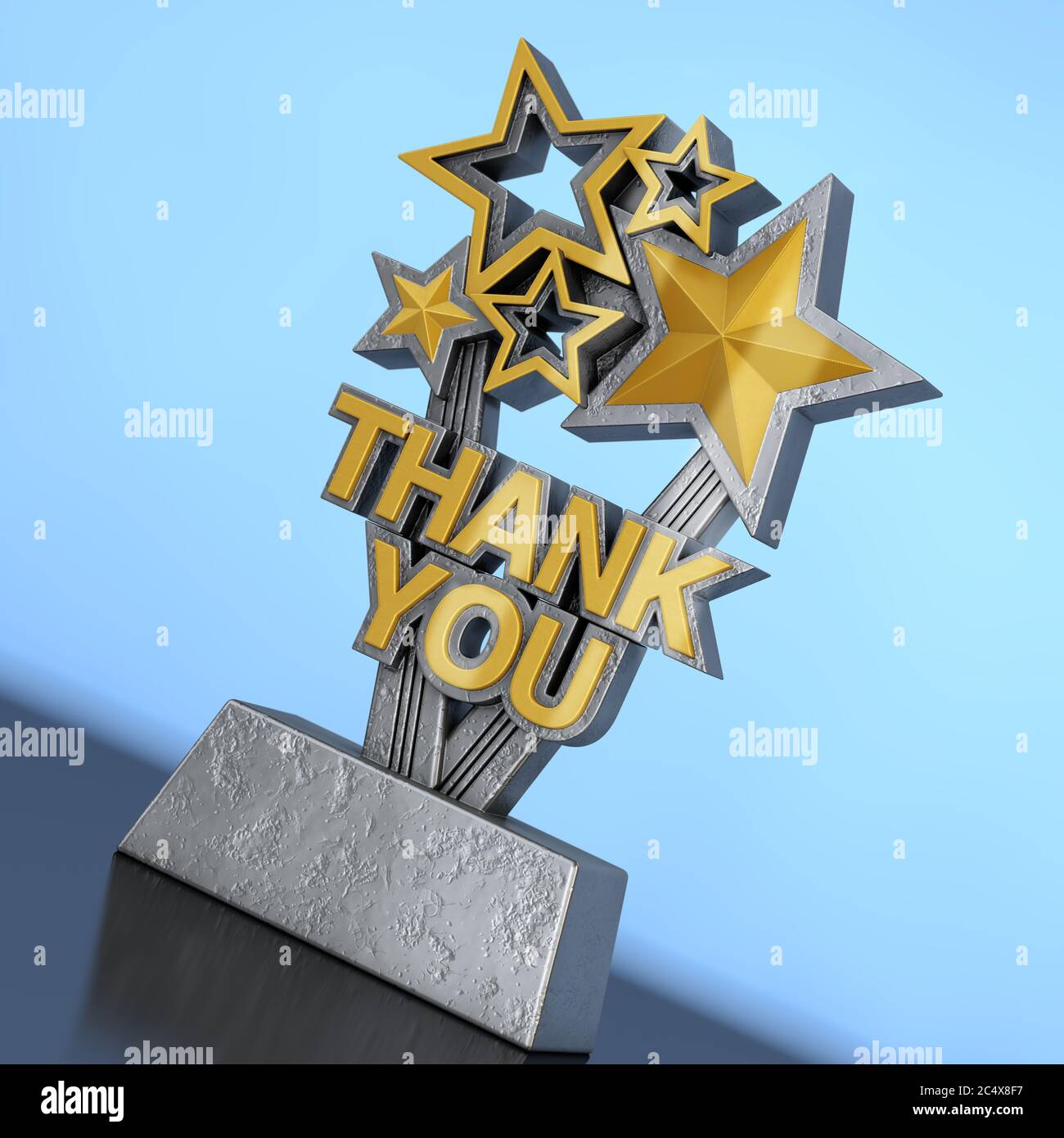 Award Trophy with Golden Thank You Sign on a blue background. 3d ...